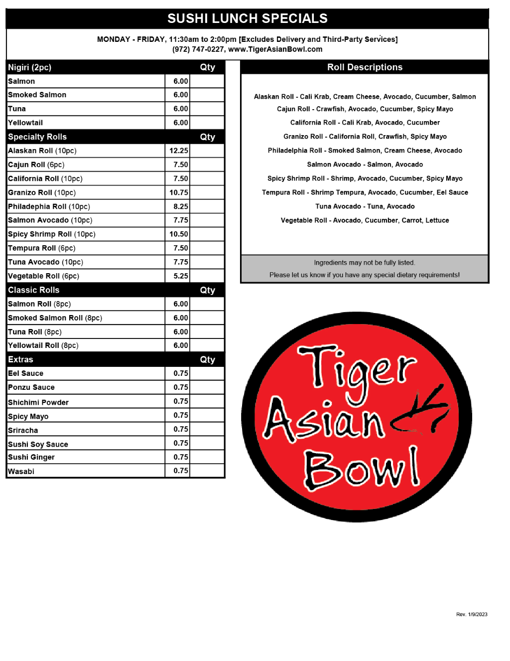 Specials - Tiger Asian Bowl